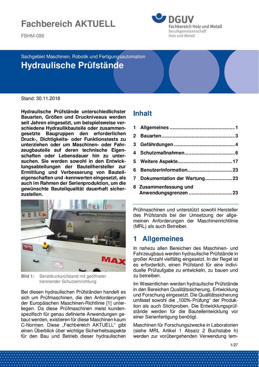FBHM-086: Hydraulische Prüfstände | DGUV Publikationen