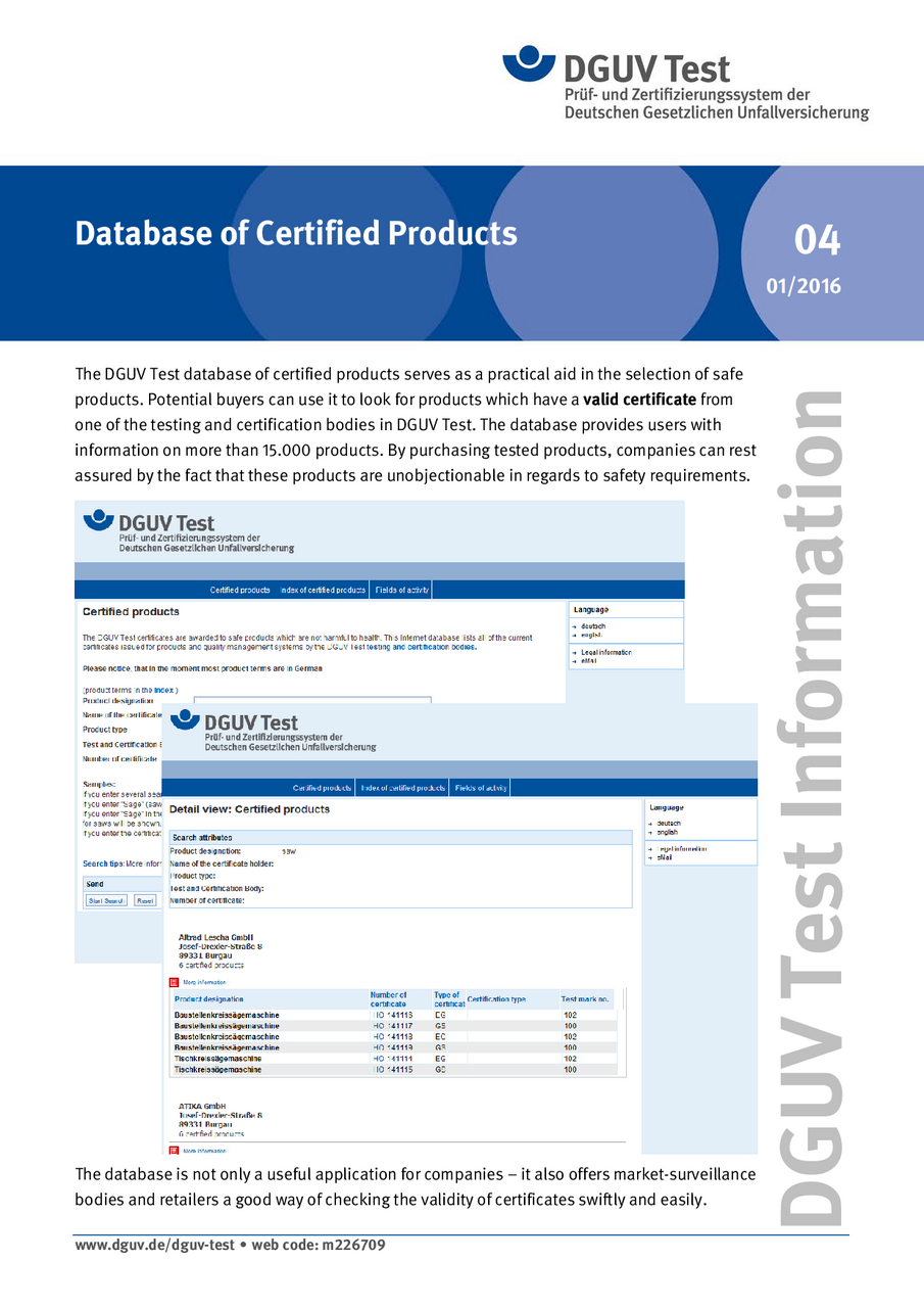Database of Certified Products | DGUV Publikationen