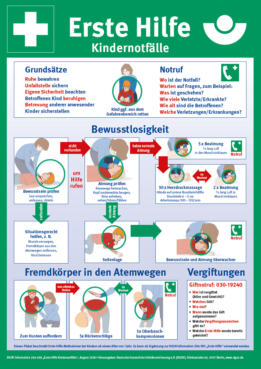 Erste Hilfe Kindernotfälle (Plakat, DIN A3) | DGUV Informationen ...
