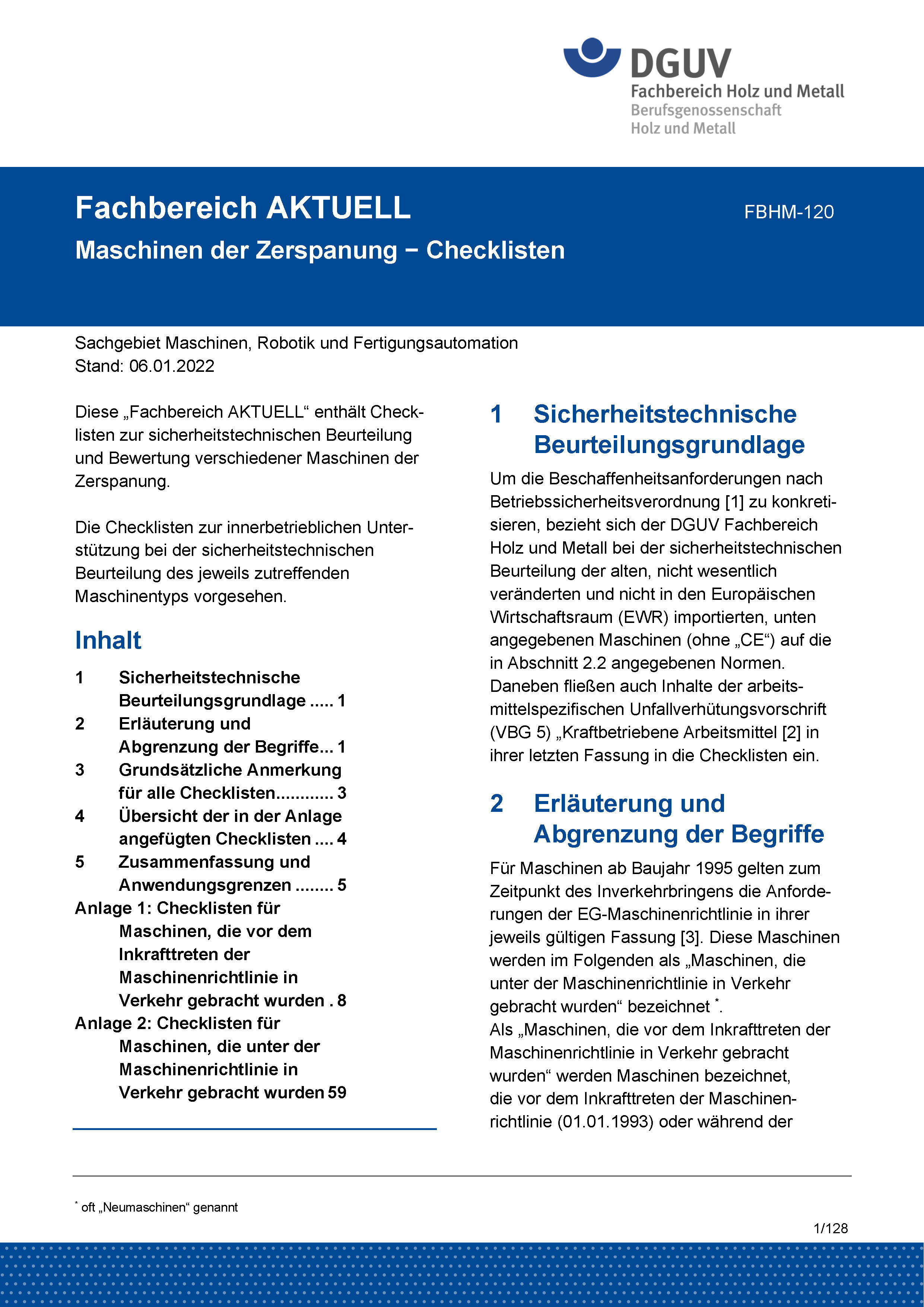 FBHM-120: Maschinen der Zerspanung - Checklisten | DGUV Publikationen