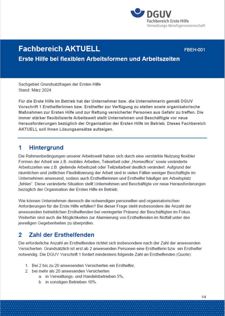 FBEH-001: Erste Hilfe bei flexiblen Arbeitsformen und Arbeitszeiten | DGUV Publikationen