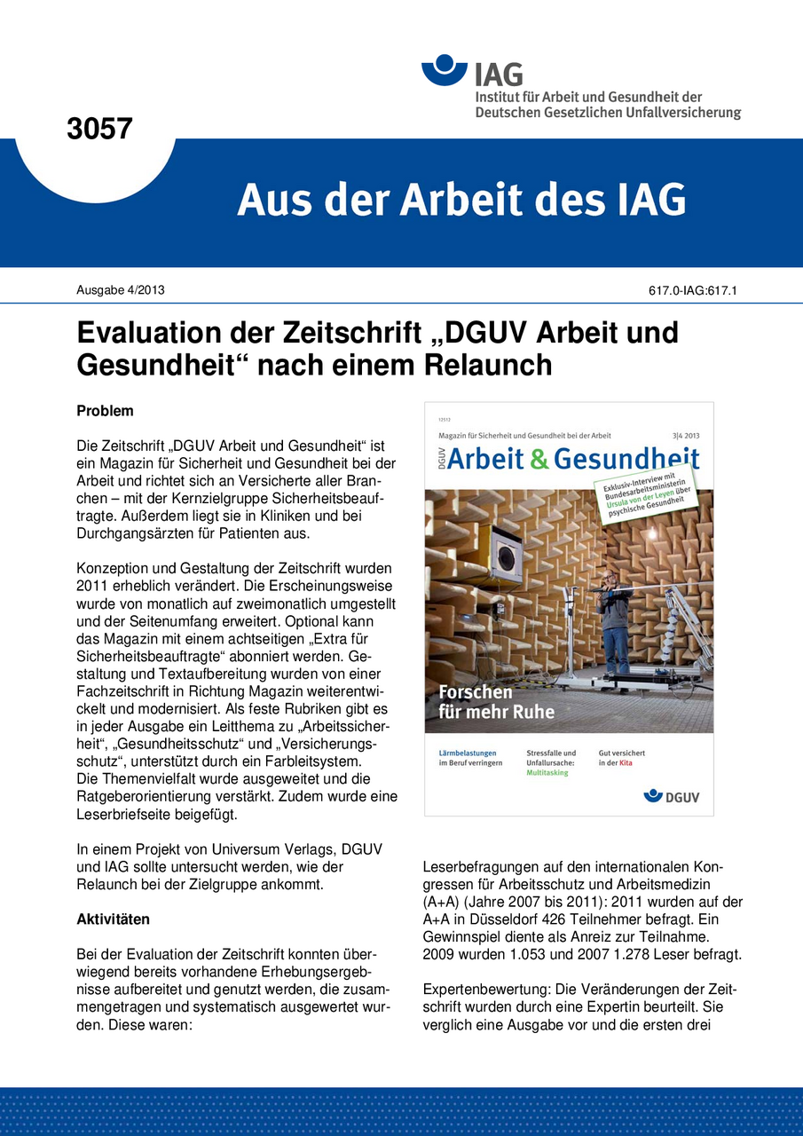Evaluation der Zeitschrift "DGUV Arbeit und Gesundheit" nach einem ...